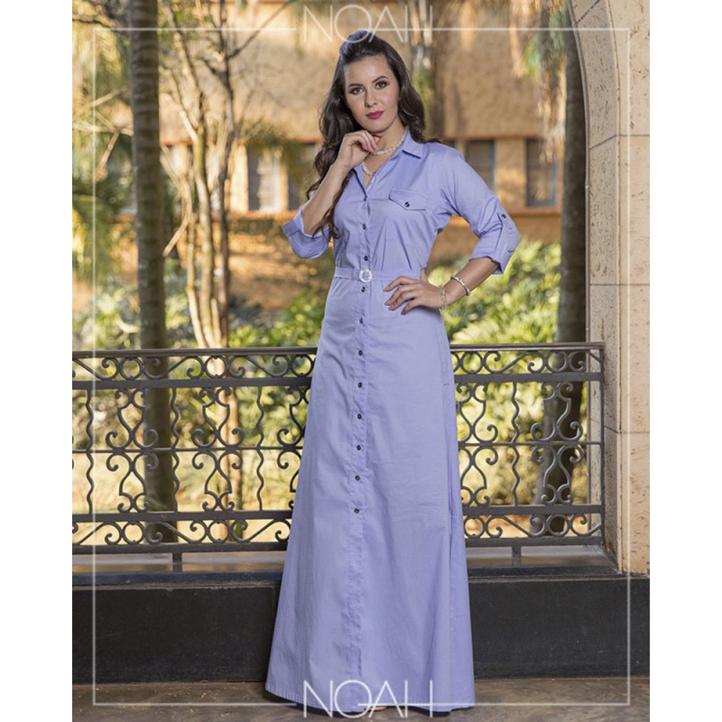 Ana Fatima - Vestido longo manga 3/4 azul | Moda Evangelica e Executiva