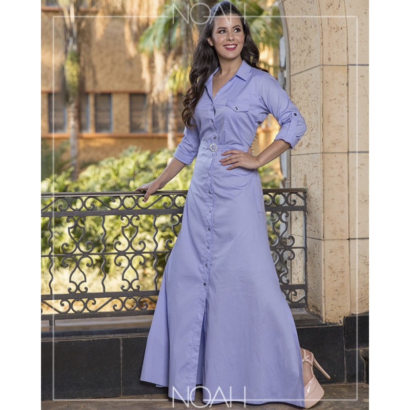 Ana Fatima - Vestido longo manga 3/4 azul | Moda Evangelica e Executiva