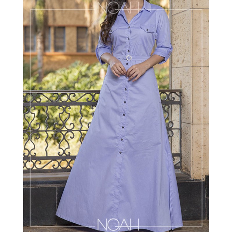 Ana Fatima - Vestido longo manga 3/4 azul | Moda Evangelica e Executiva