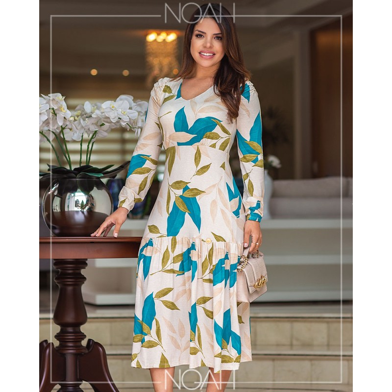 Ana Graça - Vestido midi evasê estampado | Moda Evangelica e Executiva