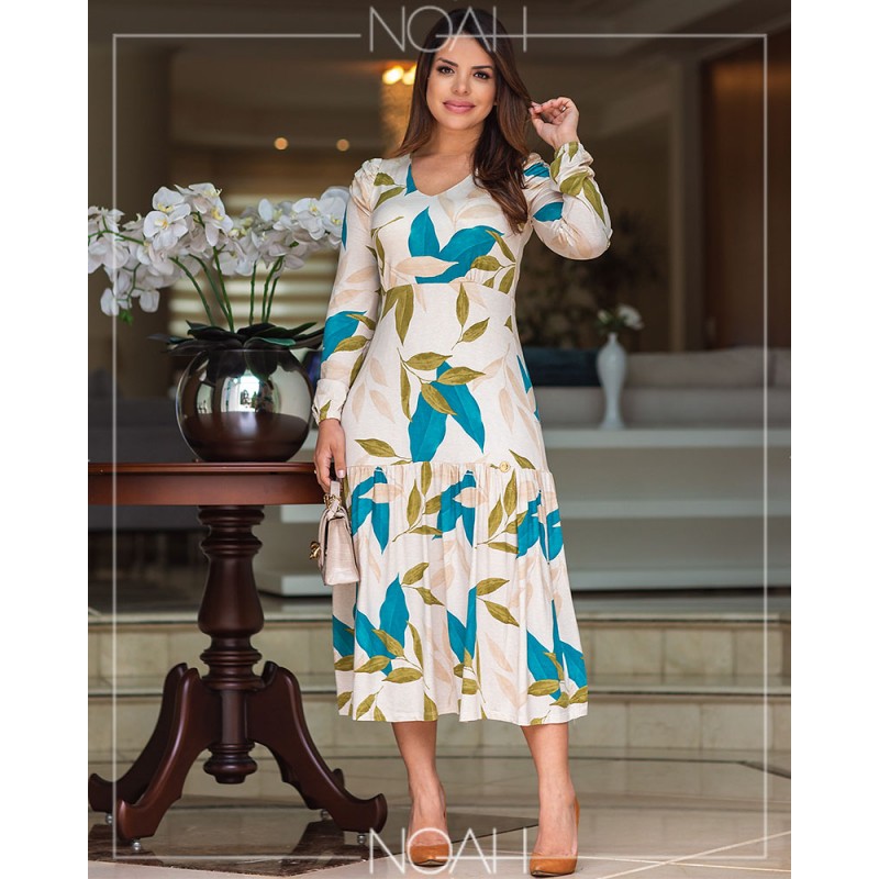 Ana Graça - Vestido midi evasê estampado | Moda Evangelica e Executiva