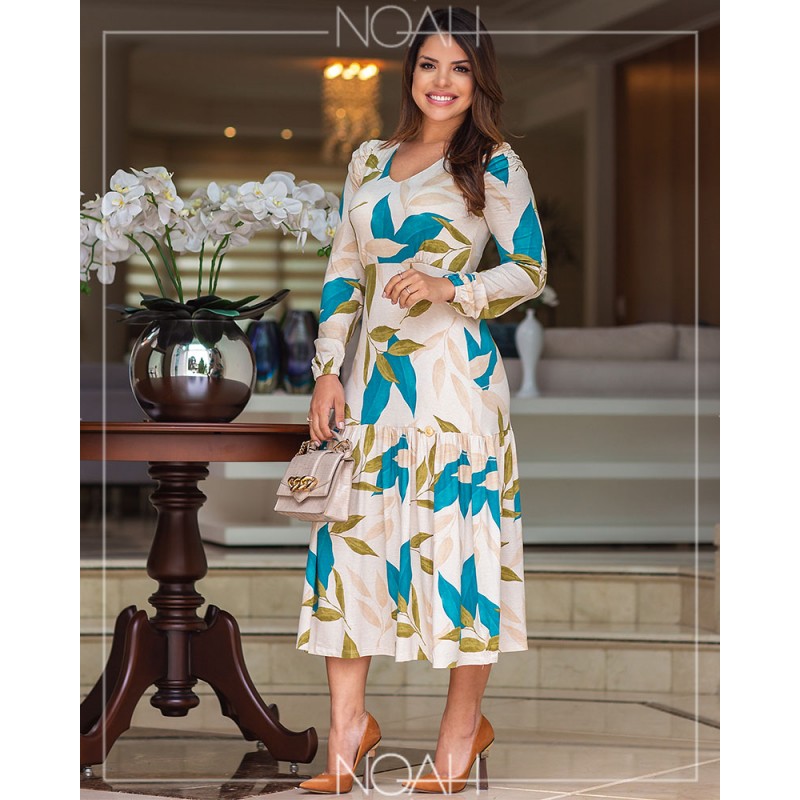 Ana Graça - Vestido midi evasê estampado | Moda Evangelica e Executiva
