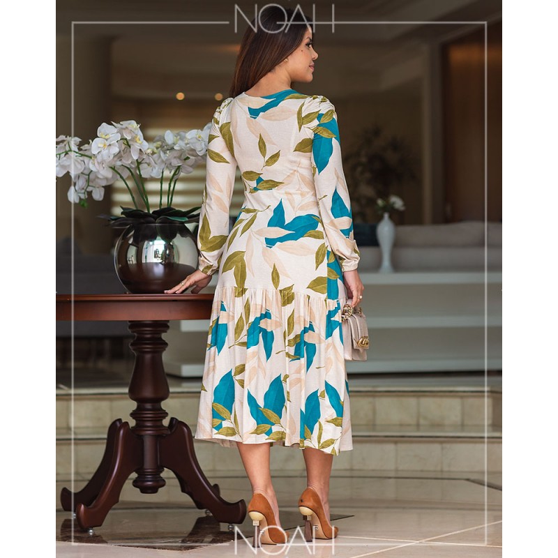 Ana Graça - Vestido midi evasê estampado | Moda Evangelica e Executiva