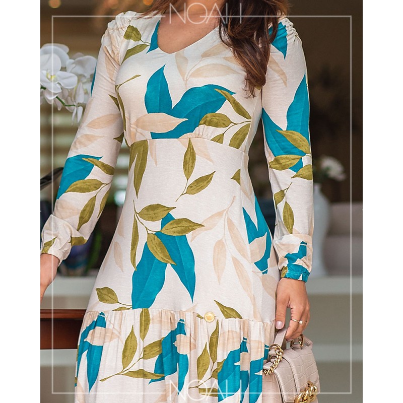 Ana Graça - Vestido midi evasê estampado | Moda Evangelica e Executiva