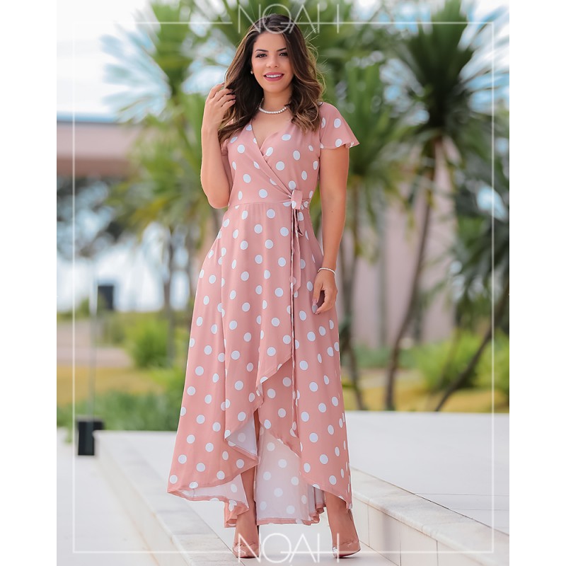 Meire - Vestido longo nude estampado poá | Moda Evangelica e Executiva